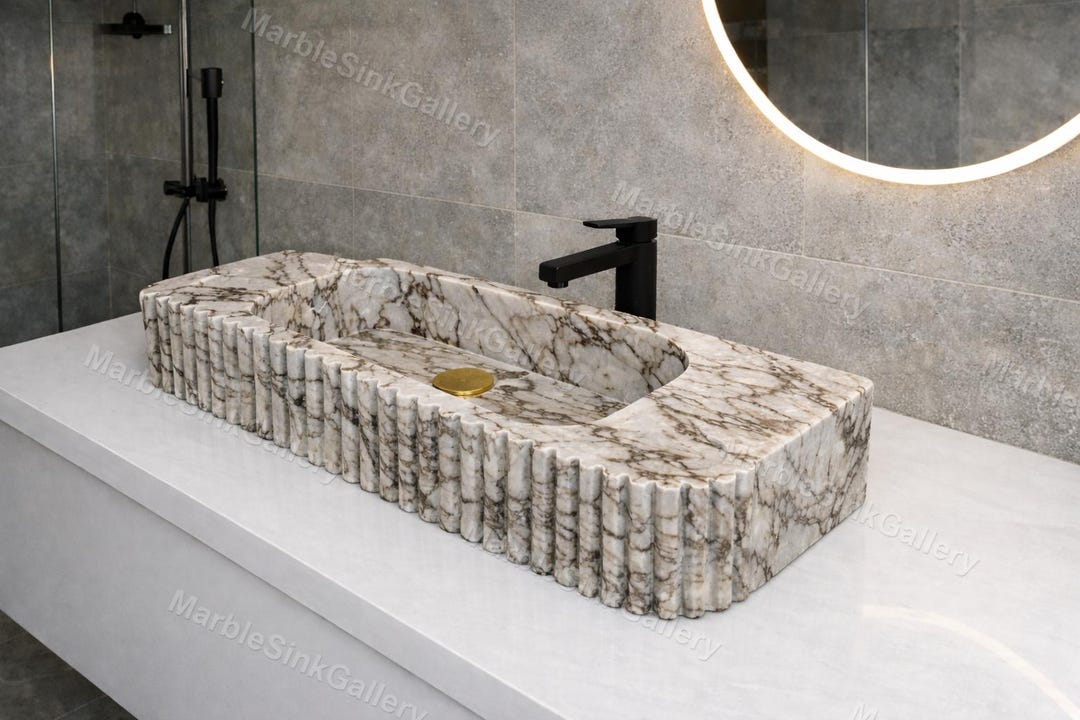 Calacatta Viola Marble Integrated Sink, Fluted Marble Basin, Reeded ...