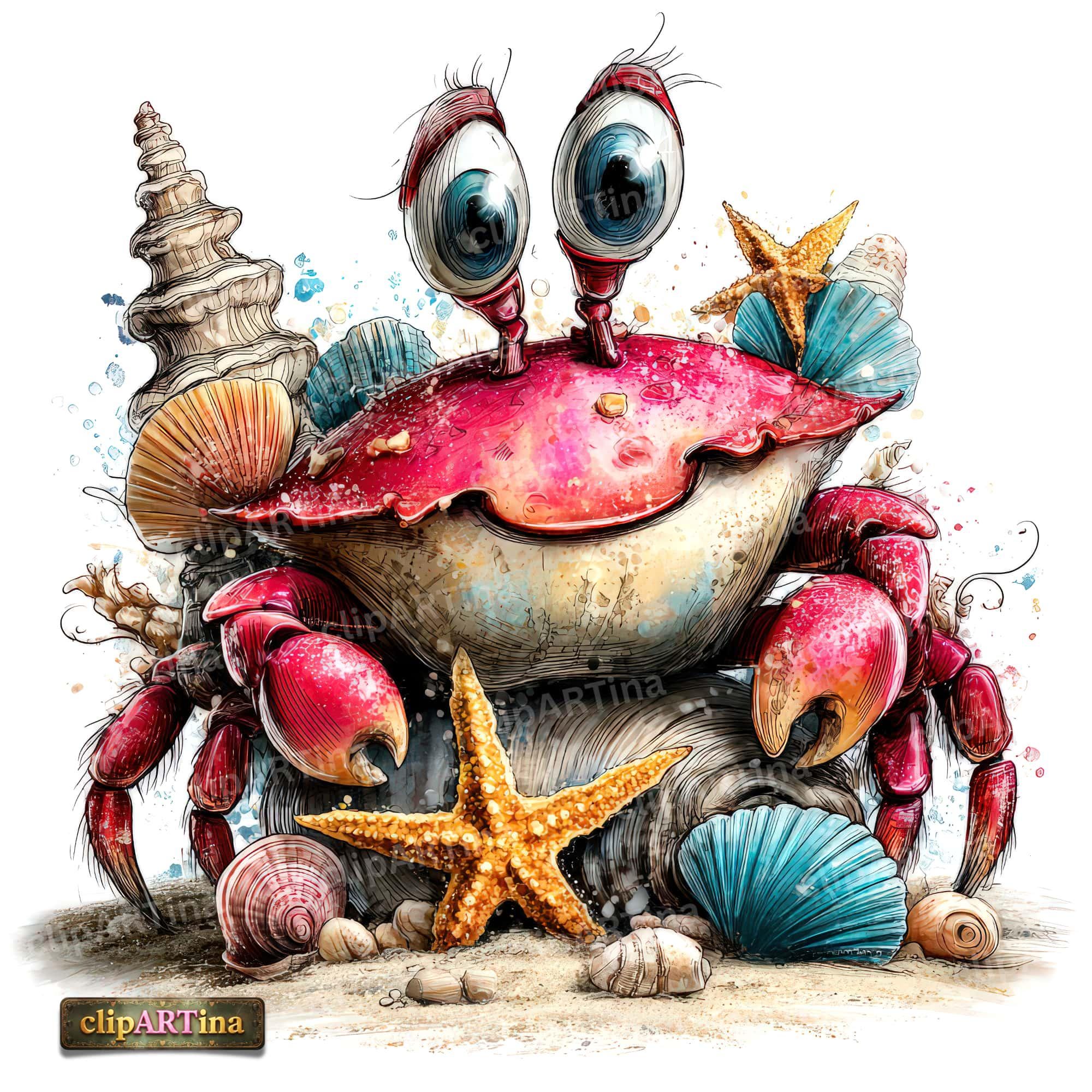 12 JPG Beach Crab Clipart Bundle – Funny Watercolor Summer Ocean ...