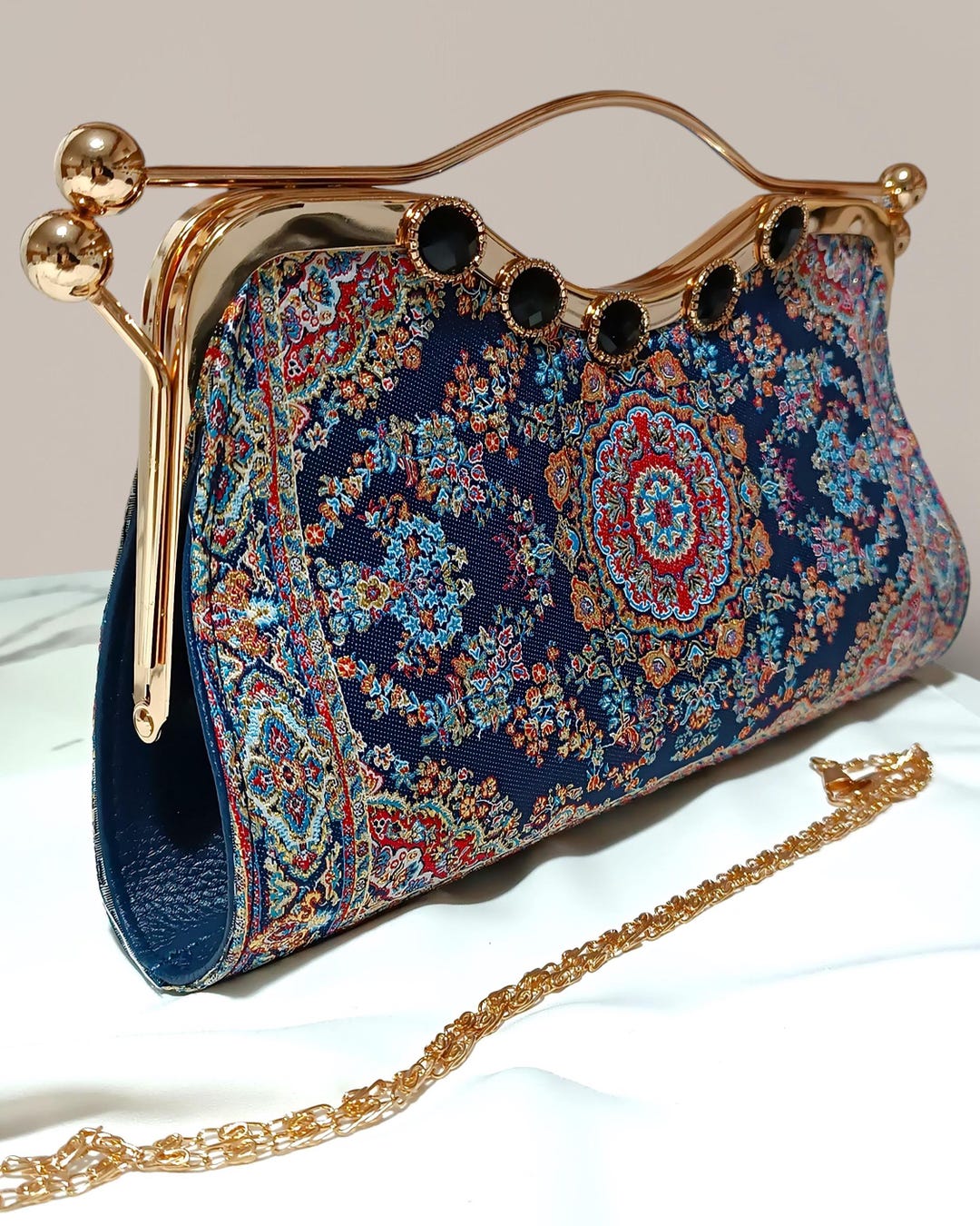 Blue Clutch Bag With Embroidered Patterns: Ornate Evening Bag for Women ...