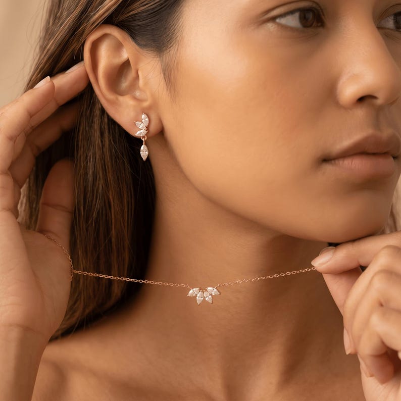 Dainty Diamond Marquise Leaf Jewelry Set, Minimalist Diamond Fan ...