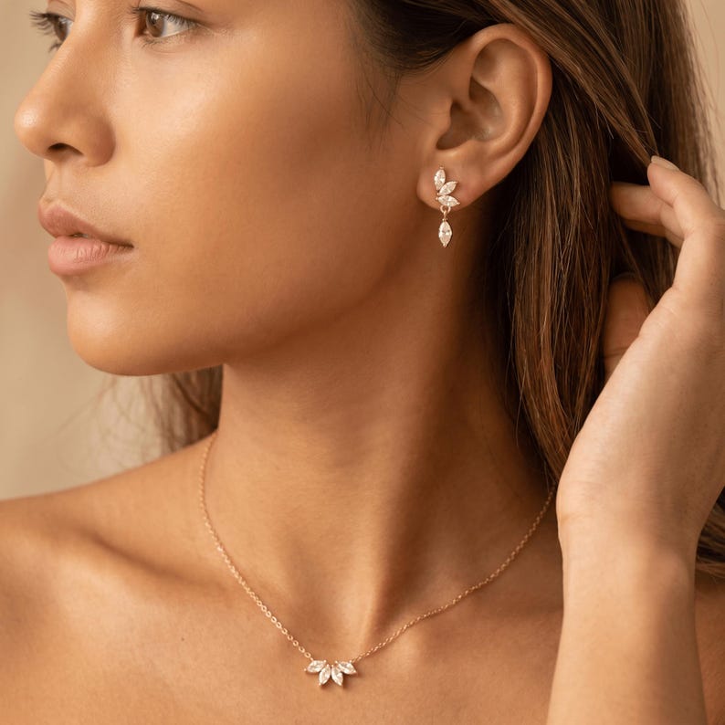 Dainty Diamond Marquise Leaf Jewelry Set, Minimalist Diamond Fan ...