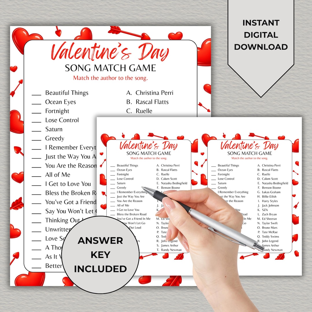 Valentines Day Song Match Game Printable | Valentine Music Trivia for ...