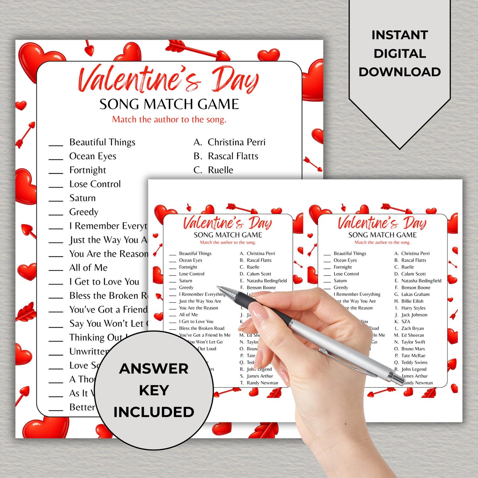 Valentines Day Song Match Game Printable | Valentine Music Trivia for ...