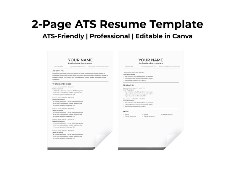 2 Page ATS Resume Template 2026 | Editable Professional Resume in Canva ...