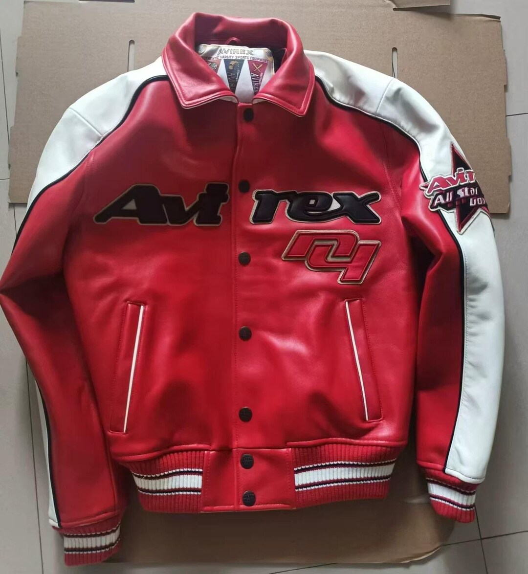 Avirex Men’s Red All Star Bomber Jacket Real Genuine Sheep-skin Leather ...
