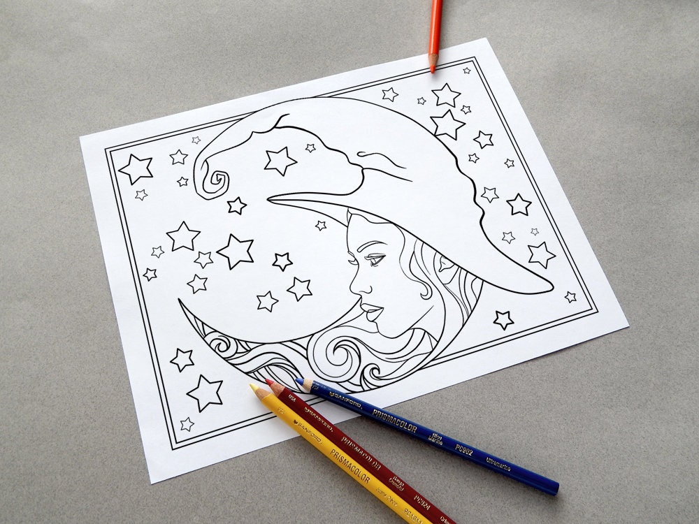 Witch Moon Coloring Page: Printable .JPG File, Lady in the Moon and ...