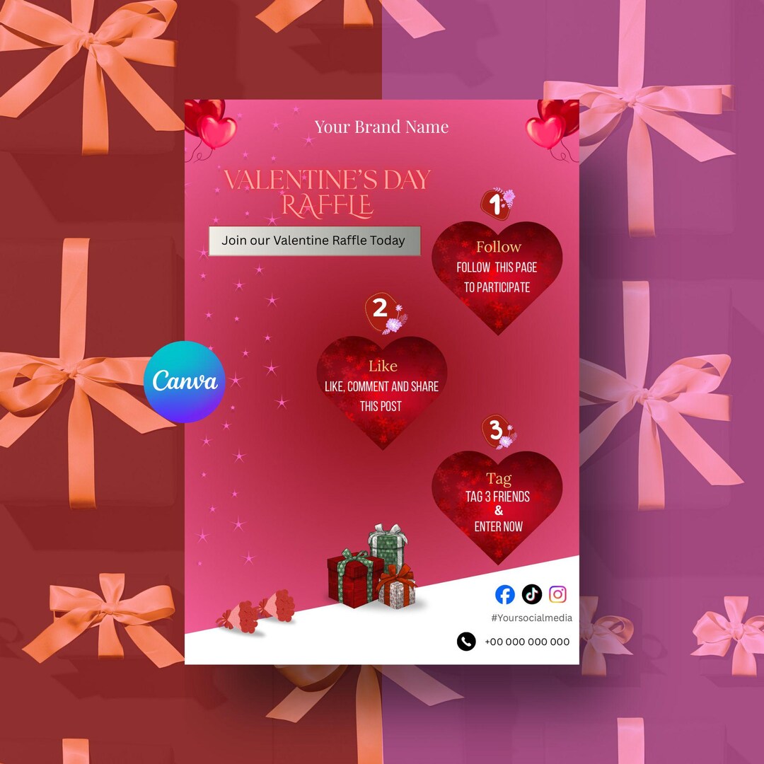 Raffle Flyer Valentine’s Day Template , Editable Canva Giveaway Poster ...