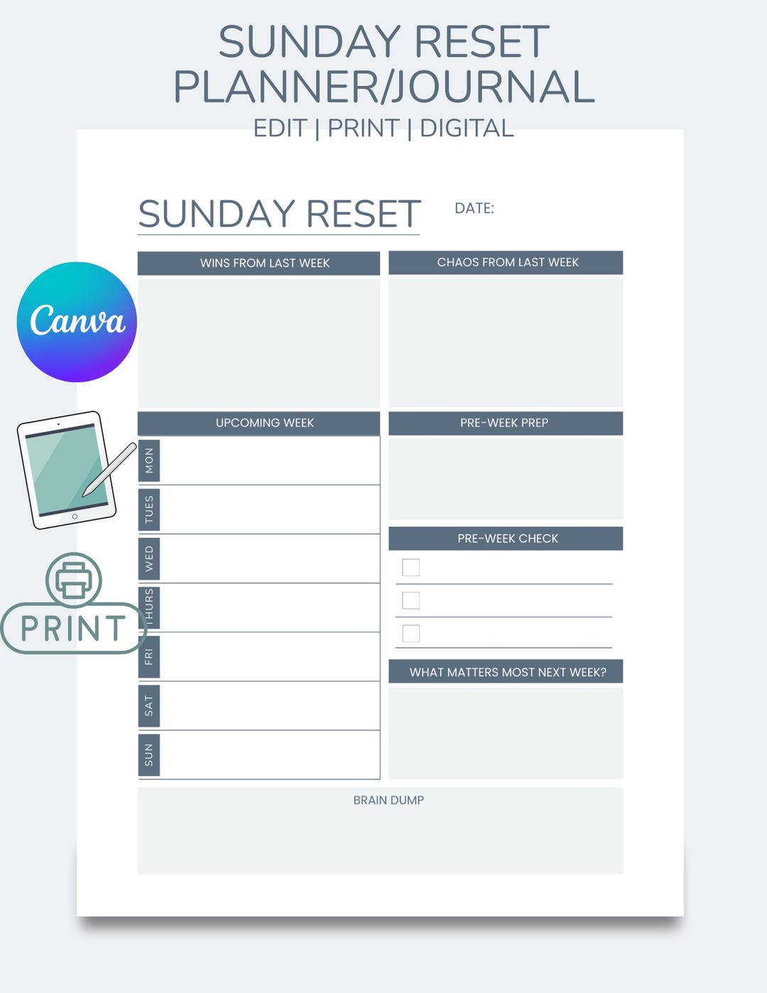 Sunday Reset Planner | Digital Printable PDF Canva Template | Weekly ...