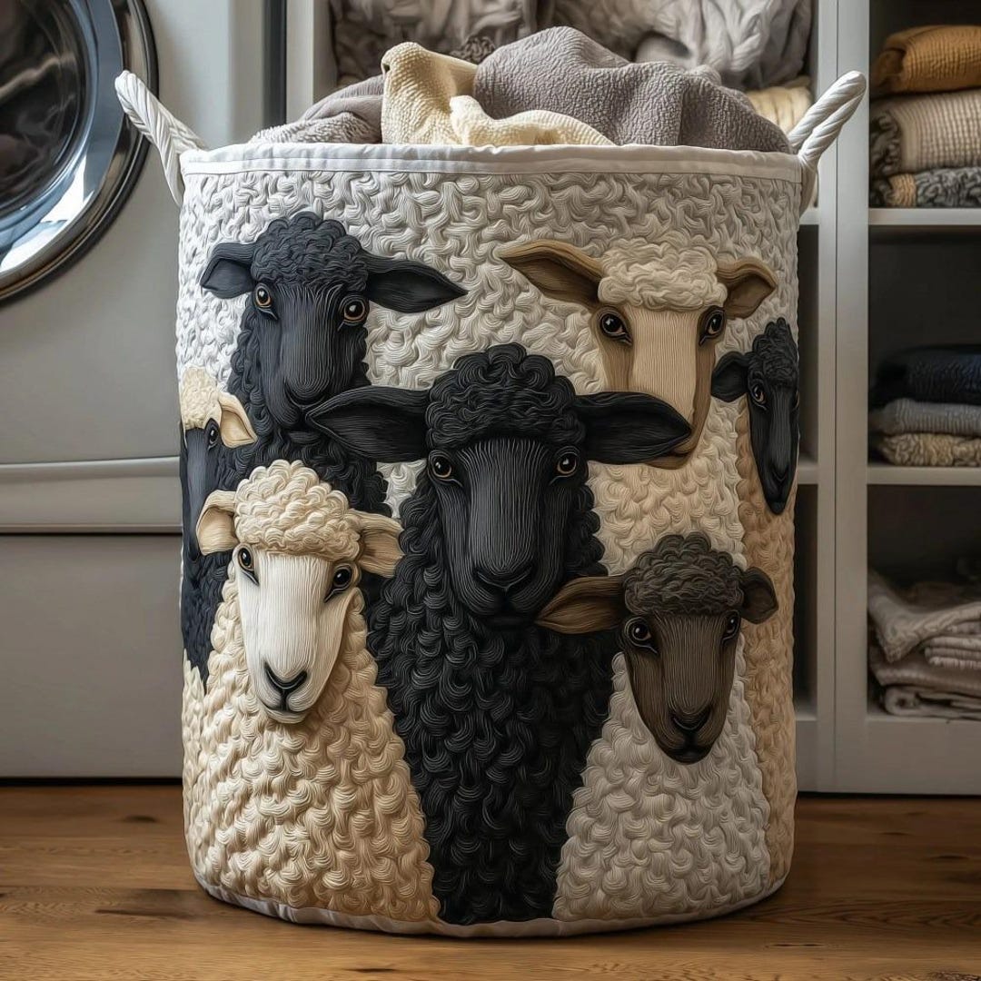 Woolly Sheeps Quilted Laundry Basket, Green Flock Laundry, Animal Home ...