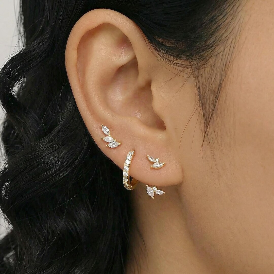 Gold Leaf Earring Set, Sterling Silver Huggie Hoops, Crystal Ear ...