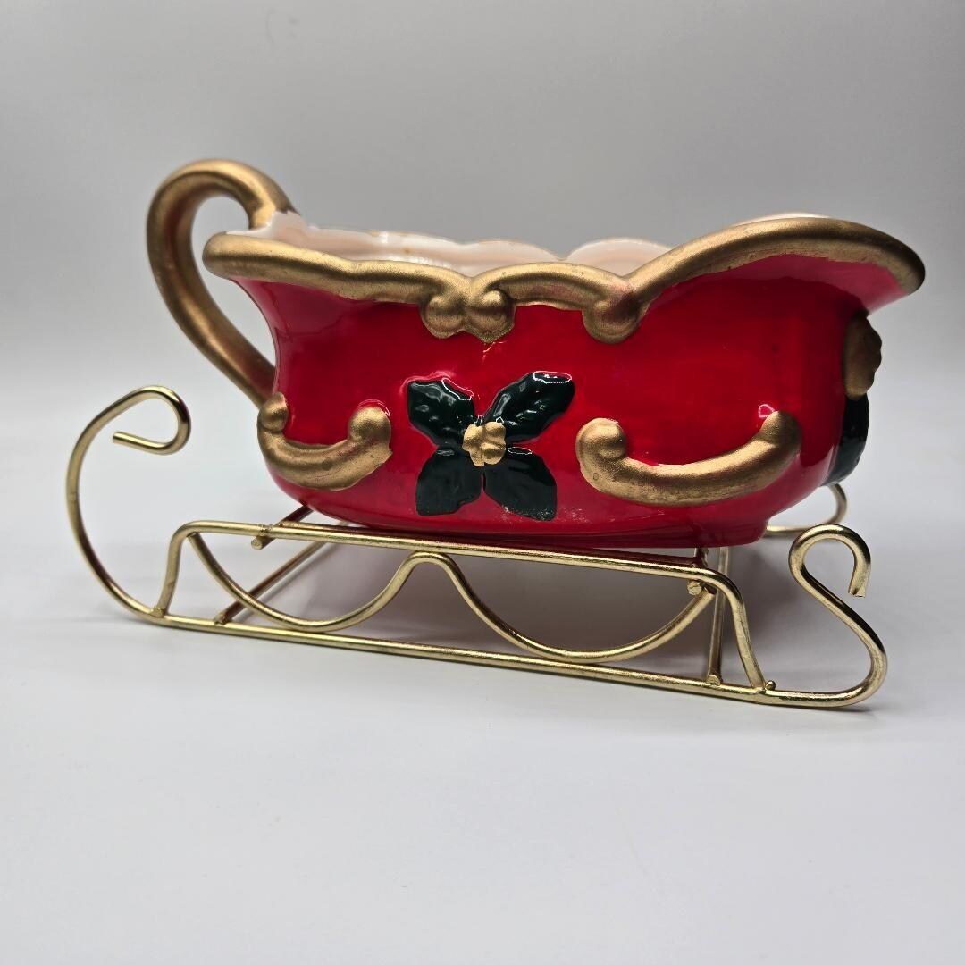 Vintage Christmas Red Holiday Ceramic Sleigh With Gold Metal Stand ...