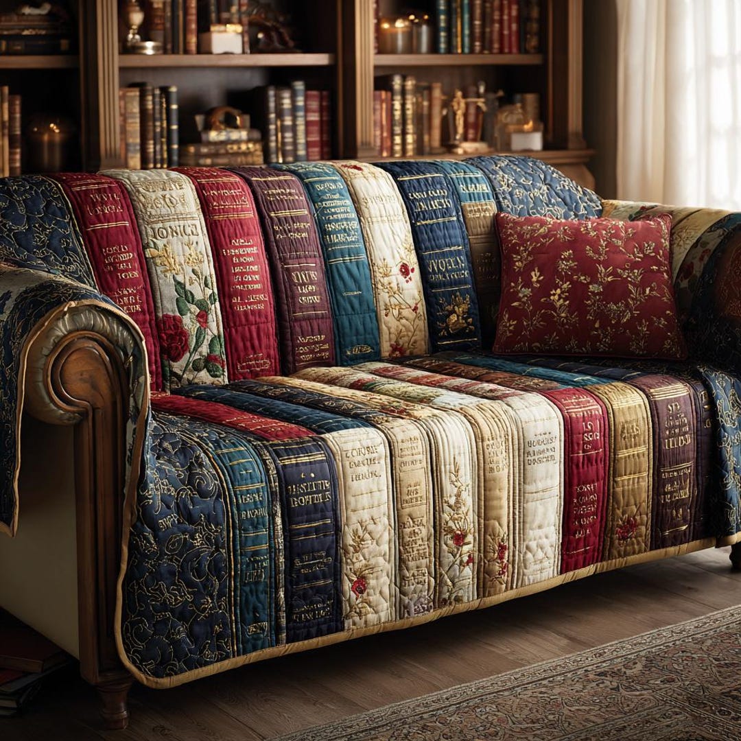 Quilted Sofa Cover Vintage Books Pattern, Diamond Quilted Couch ...