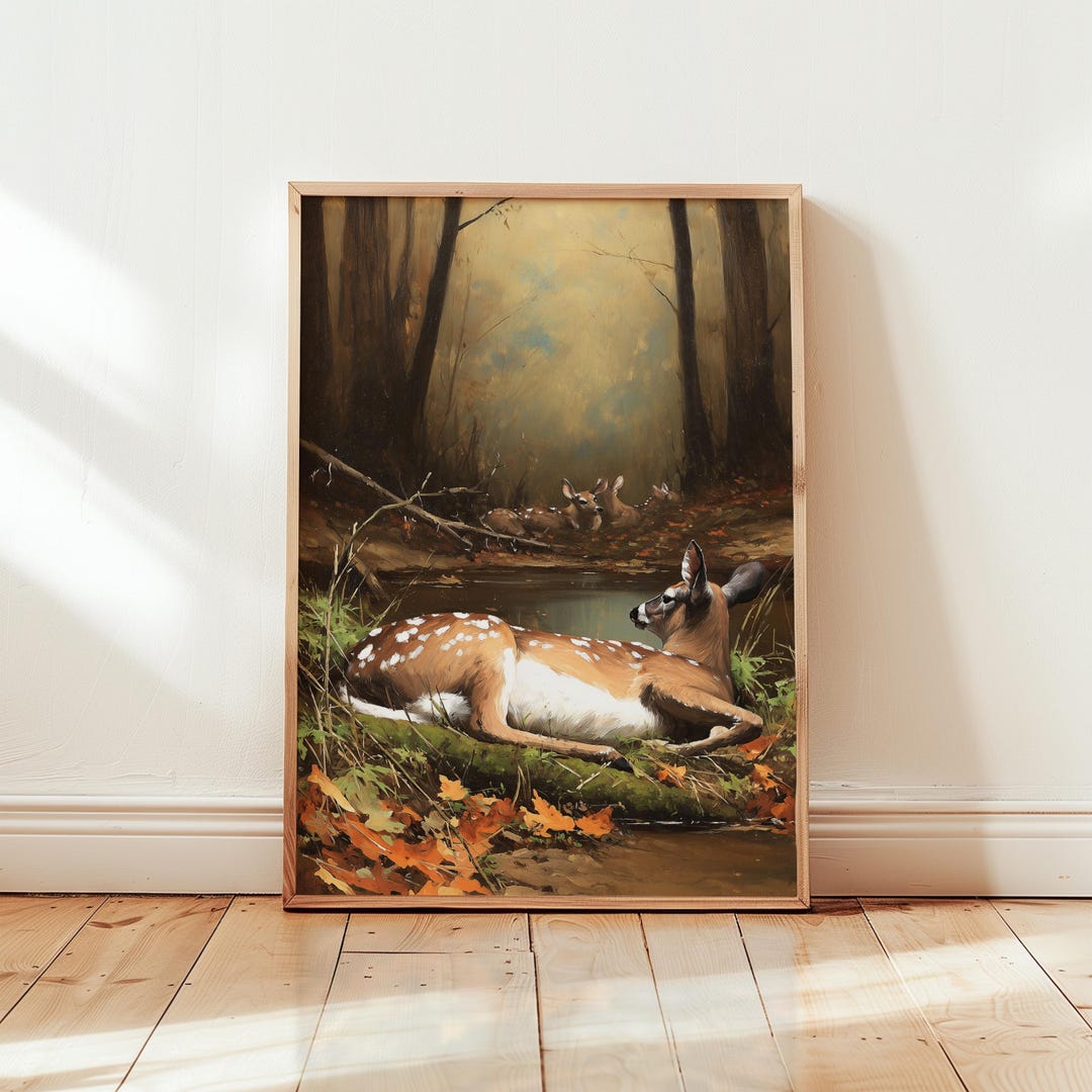 Forest Stream Fawn Poster | Peaceful Woodland Wildlife Wall Art - Etsy