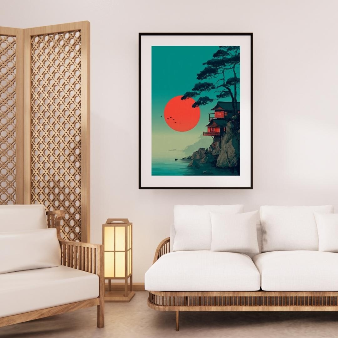 Japanese Red Sun Wall Art Set | Minimal Landscape Poster Bundle | Zen ...