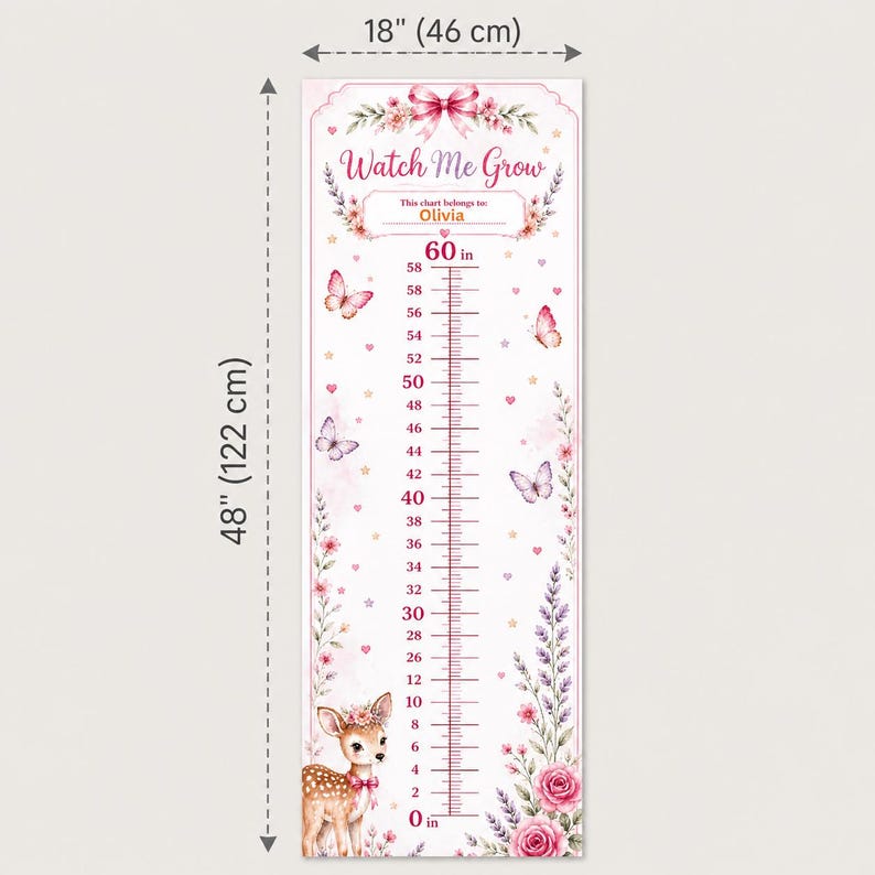 Floral Deer Growth Chart Ruler| Height Chart for Girls Nursery| Baby ...