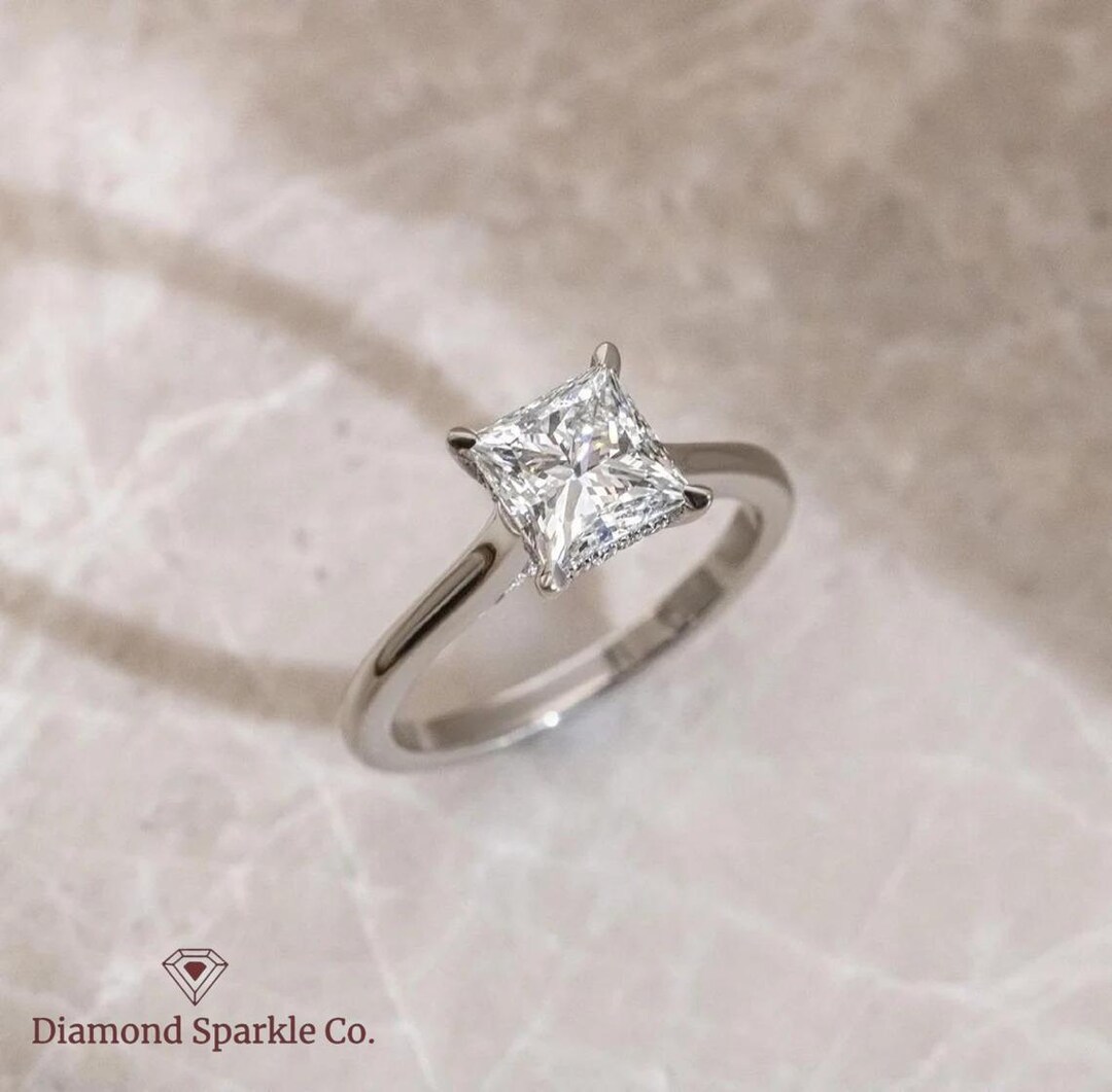 2 Ct Princess Cut Hidden Halo Engagement Ring, 14K Gold Micro Paves ...