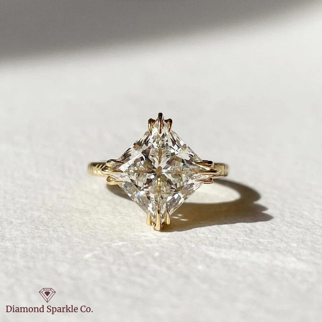 10 MM Princess Vintage Engagement Ring, 14K Gold Triple Talon Claw ...