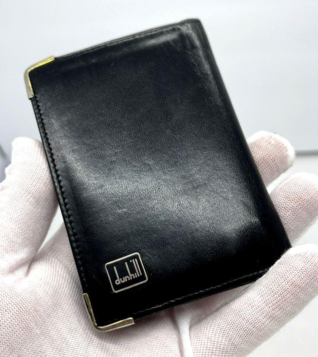Dunhill Black Leather Card Case Wallet W Logo Plate W Corner Protectors ...