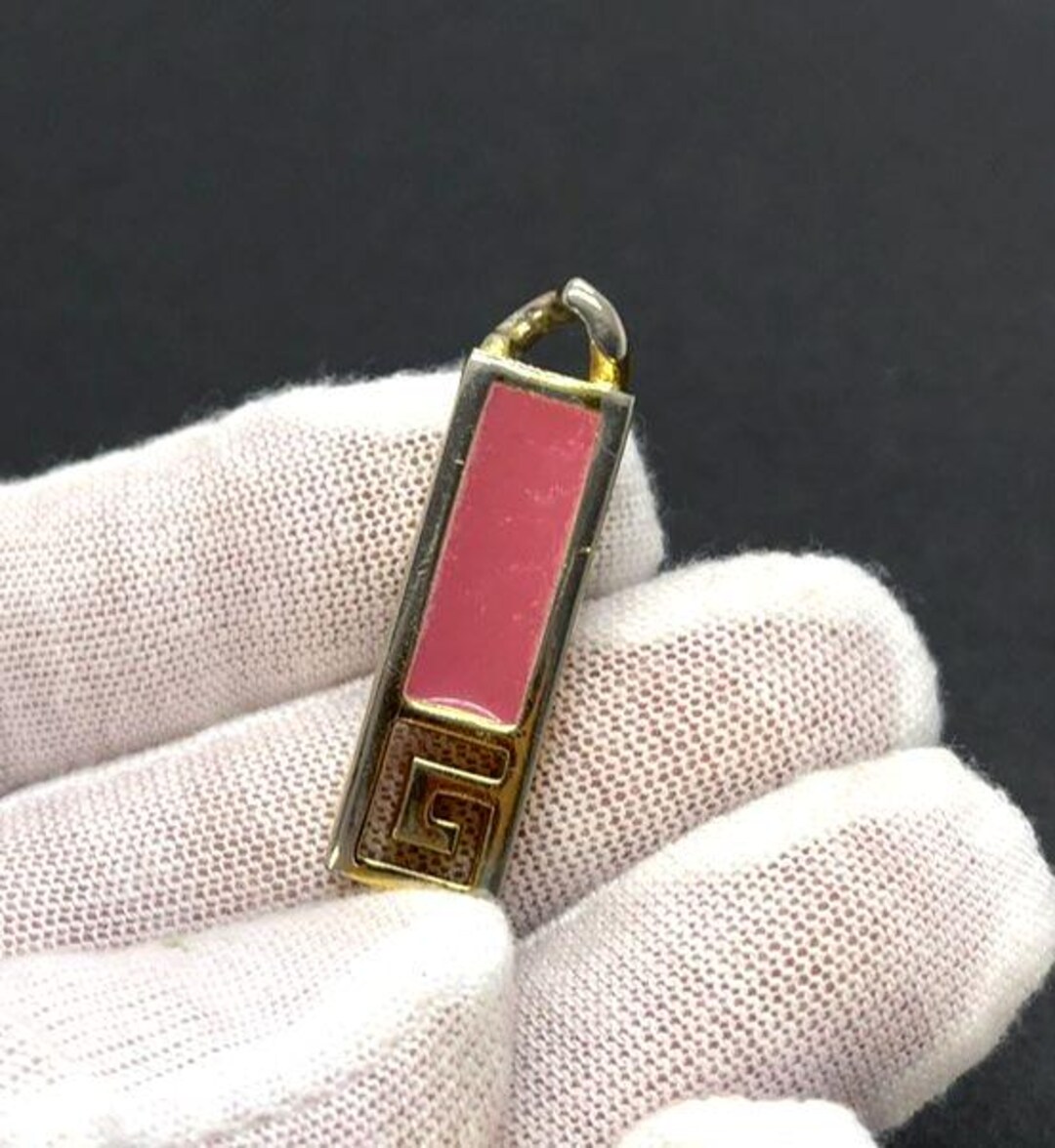 Vintage GIVENCHY G Logo Rectangle Plate Gold Tone Pendant W Pink ...