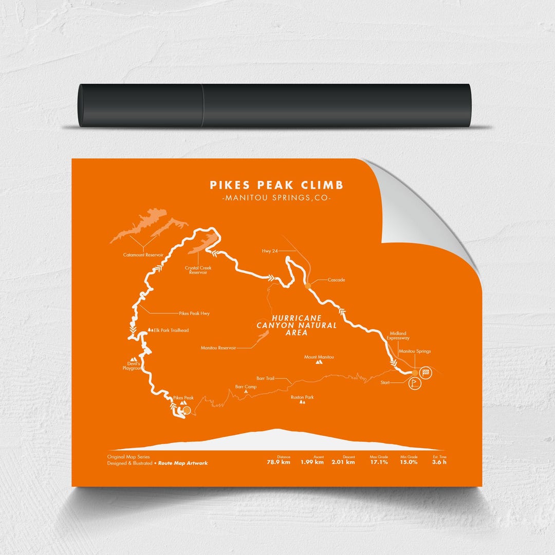 Pikes Peak Climb Cycling Route Map Poster, Minimalist Bike Wall Art ...