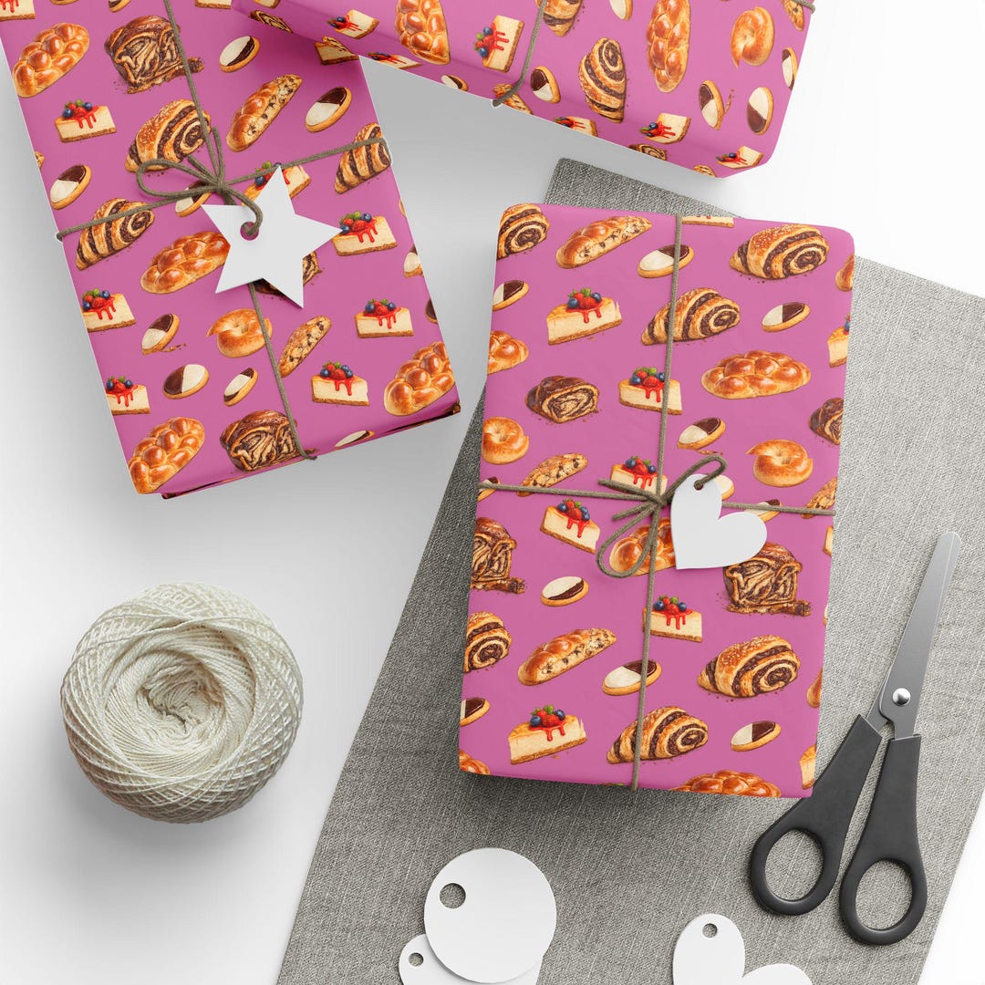 Kosher Bakery Pastries Pattern Pink Gift Wrap Paper | Bagels Challah ...