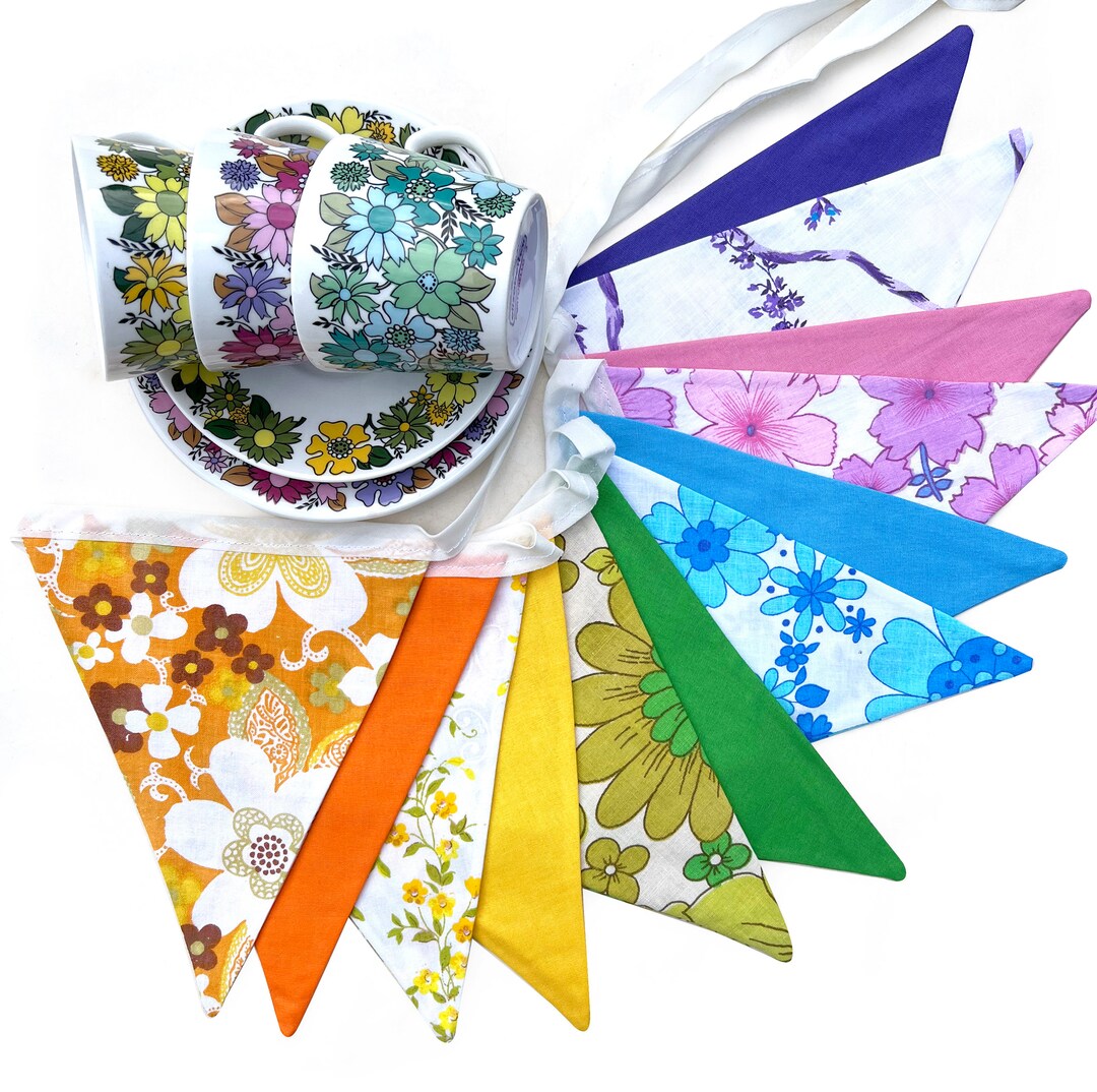 Bunting - Retro RAINBOW Multi-colour Vintage Floral & Plain Fabric ...
