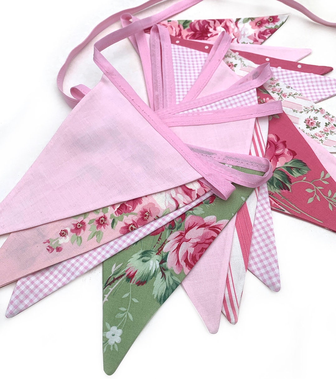 Barefoot Roses Pink & Green Flag Bunting. HANDMADE . Wall Hanging ...