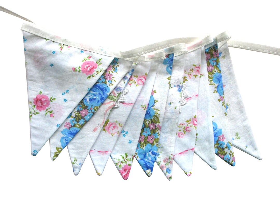 Banderines vintage - Banderas florales retro en rosa, azul, blanco y ...