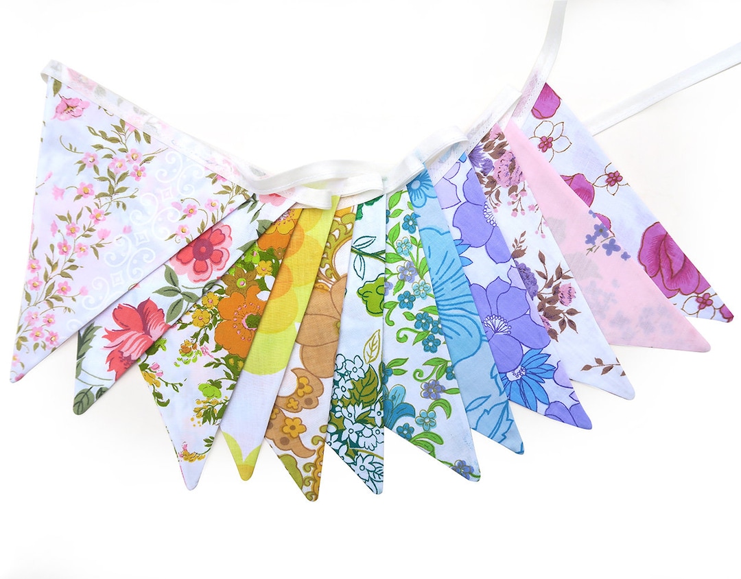RAINBOW Bunting - Retro Multi-colour Vintage Floral Fabric Flags ...
