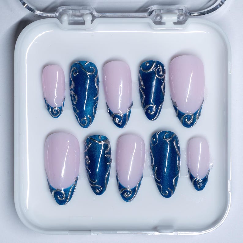Blue Cat Eye Press on Nails | Silver Chrome Swirl, Gothic French Tip - Etsy