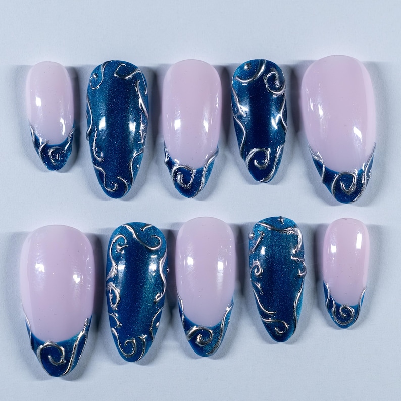 Blue Cat Eye Press on Nails | Silver Chrome Swirl, Gothic French Tip - Etsy
