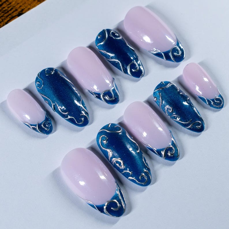 Blue Cat Eye Press on Nails | Silver Chrome Swirl, Gothic French Tip - Etsy