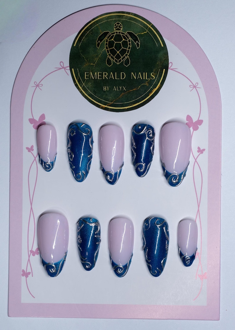 Blue Cat Eye Press on Nails | Silver Chrome Swirl, Gothic French Tip - Etsy