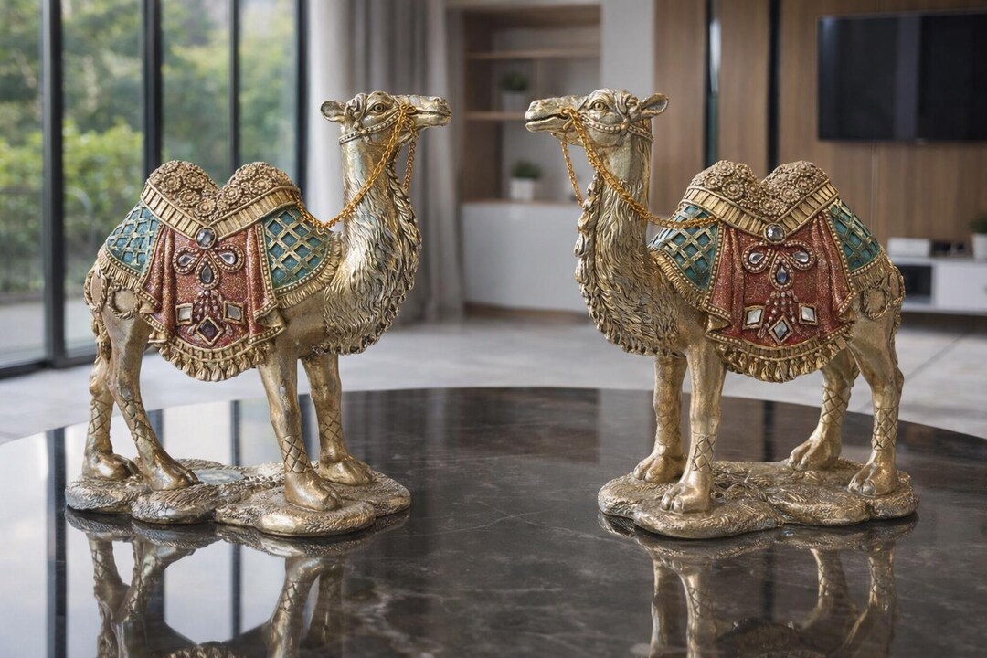Decorative Camel Statue Set of 2 | Royal Camel Figurines | Gold Finish ...