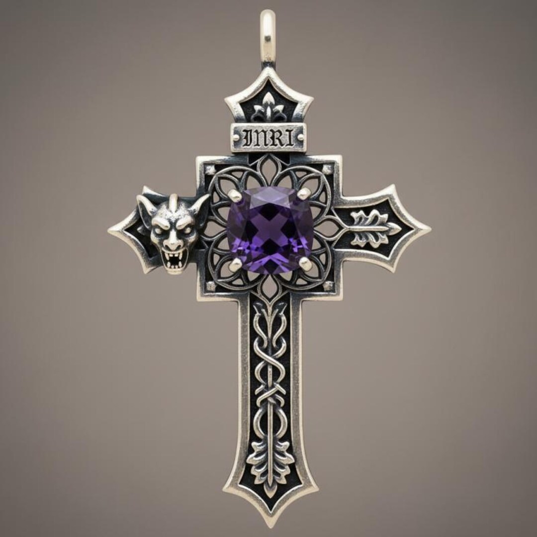 Gothic INRI Cross Pendant With Amethyst Purple Stone & Gargoyle ...