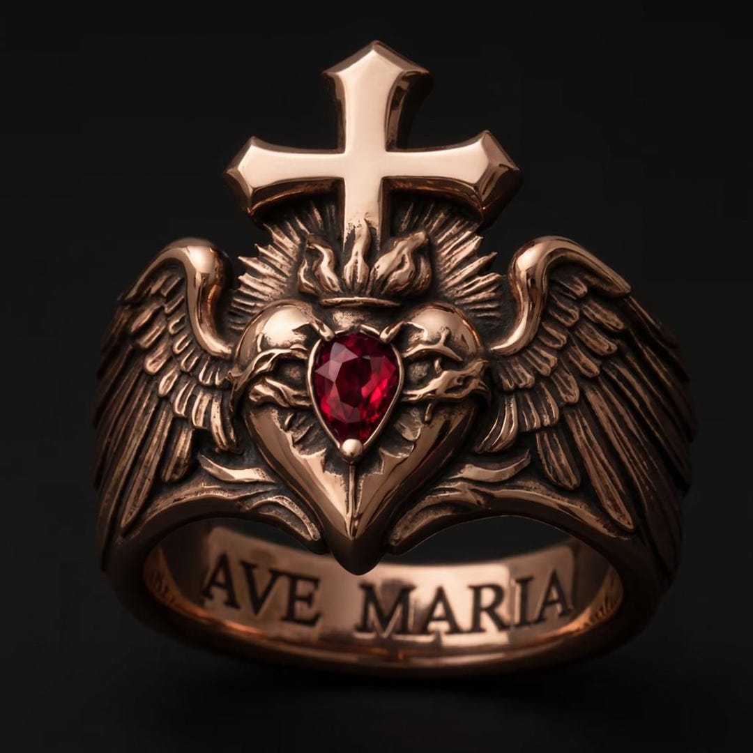 Sacred Heart Cross Ring in Oxidized Copper, Ave Maria Ruby Red Gothic ...
