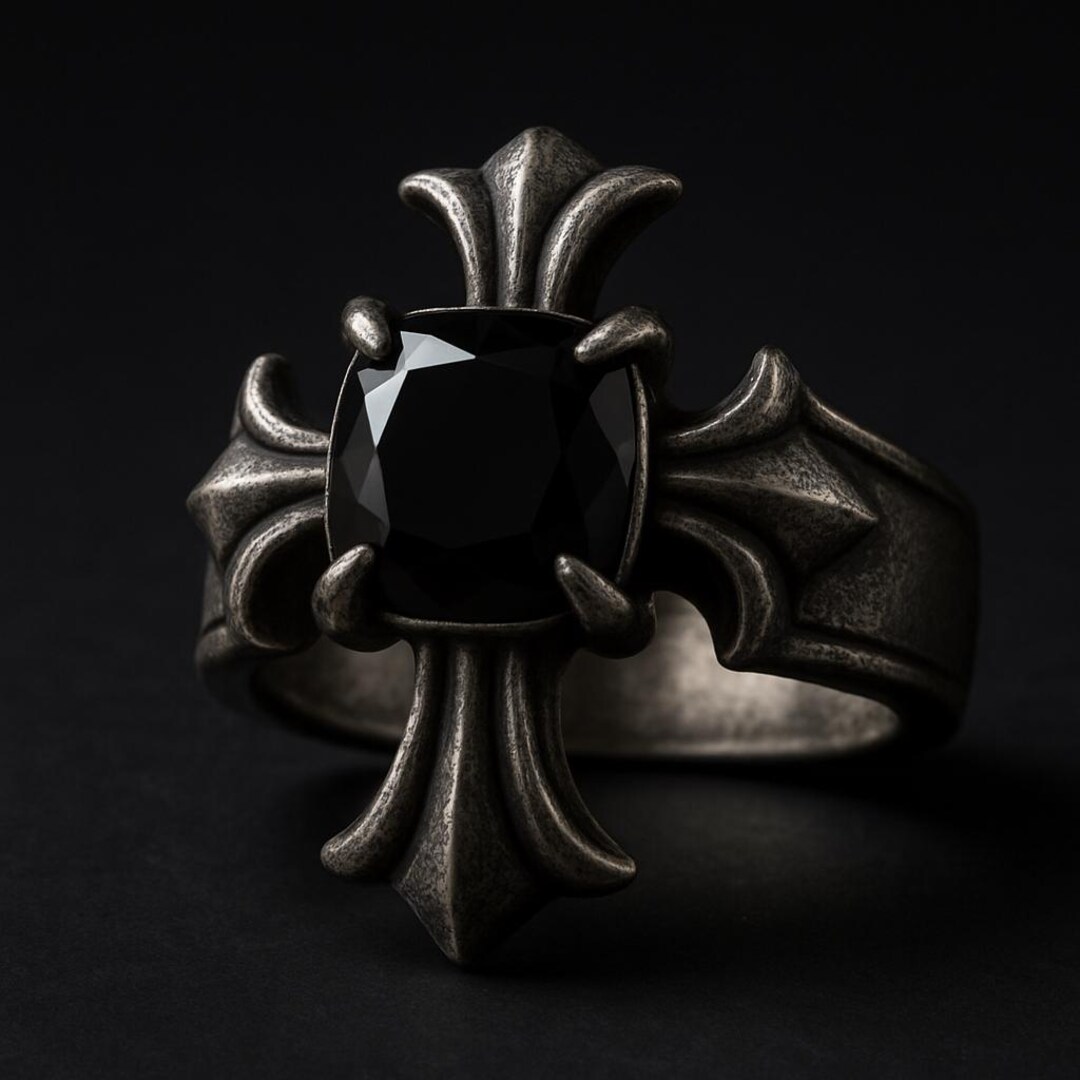 Black Onyx Gothic Cross Ring | Oxidized Sterling Silver Biker Jewelry ...