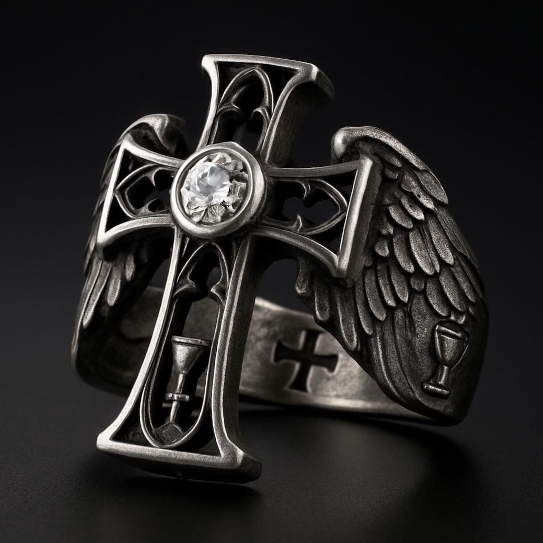Gothic Angel Wing Cross Ring in Oxidized 925 Sterling Silver ...