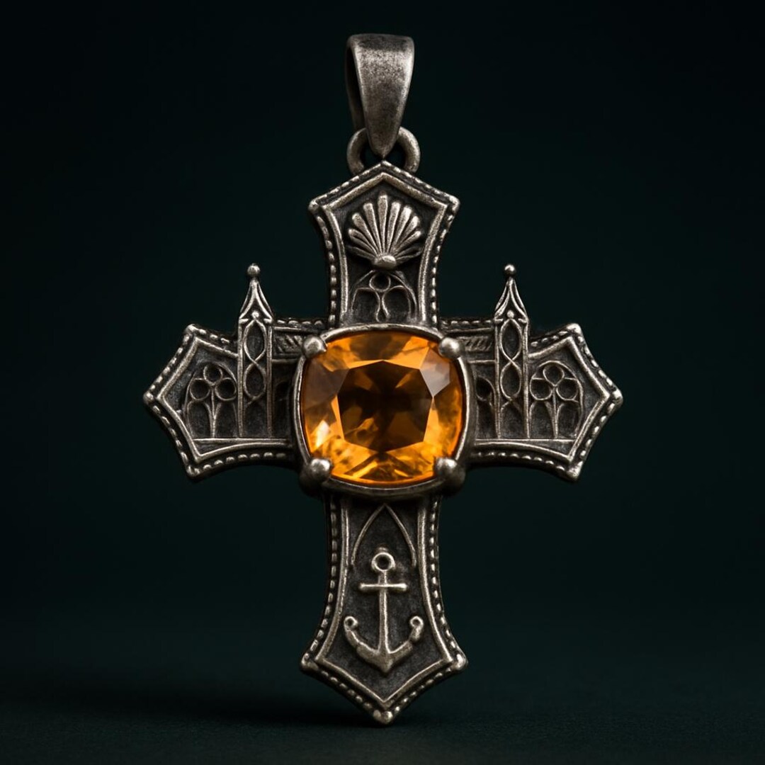 Gothic Pilgrimage Cross Pendant in Antiqued Sterling Silver With Golden ...