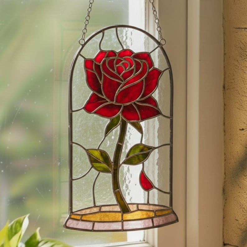Beauty and the Beast Rose Stained Glass Suncatcher, Enchanted Rose ...