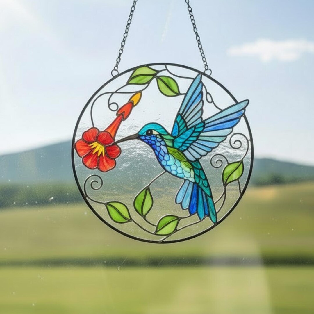 Hummingbird Stained Glass Suncatcher, Bird and Flower Window Hanging ...