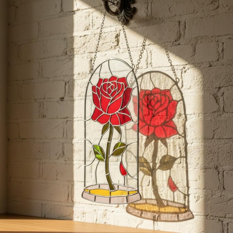 Beauty and the Beast Rose Stained Glass Suncatcher, Enchanted Rose ...