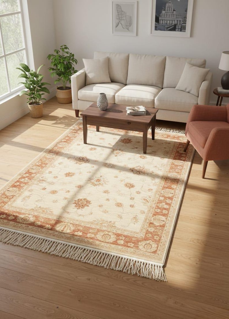 Vintage Oushak Rug, Hand Knotted Turkish Rug, Ivory Rust Floral Carpet ...