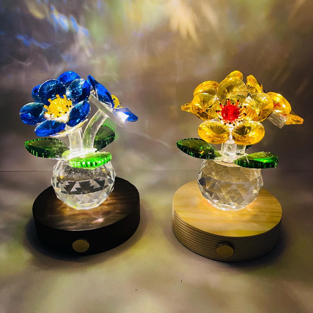 Rechargeable Crystal Flower LED Night Light With Wooden Base - Etsy