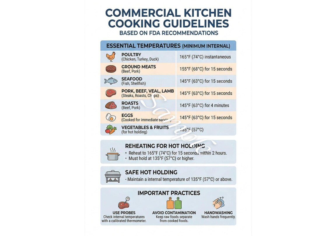 Safe Cooking Temperatures Poster, FDA Food Code Guidelines, Commercial ...