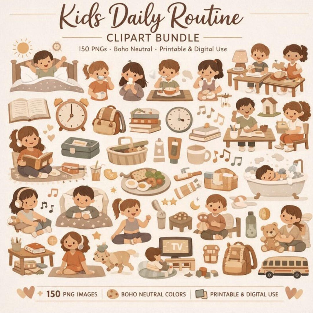 Boho Kids Daily Routine Clipart | 150 PNG Visual Schedule Icons ...