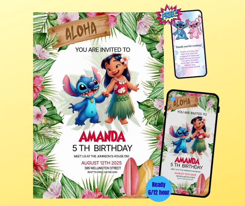 Stitch and Lilo Birthday Invitation Template, Digital Party Invitation ...