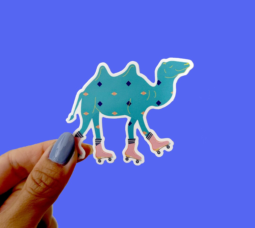 Roller Skates Camel Vinyl Sticker, Blue Happy Camel Die Cut Sticker ...