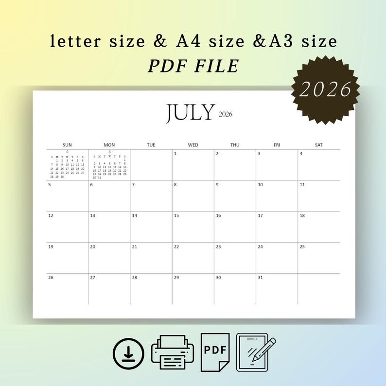 2026 Monthly Calendar,letter,a4,a3 Size, Small Calendar Inside the ...