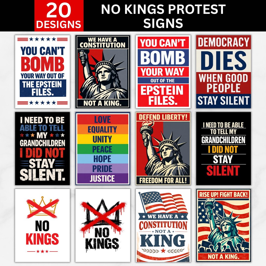 No Kings Protest Signs Bundle, 20 Designs Democracy Protest Posters ...